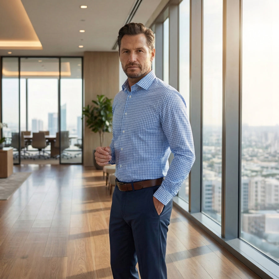 Apex Performance Dress Shirt Semi-Spread Collar Vincento Blue Tattersa ...