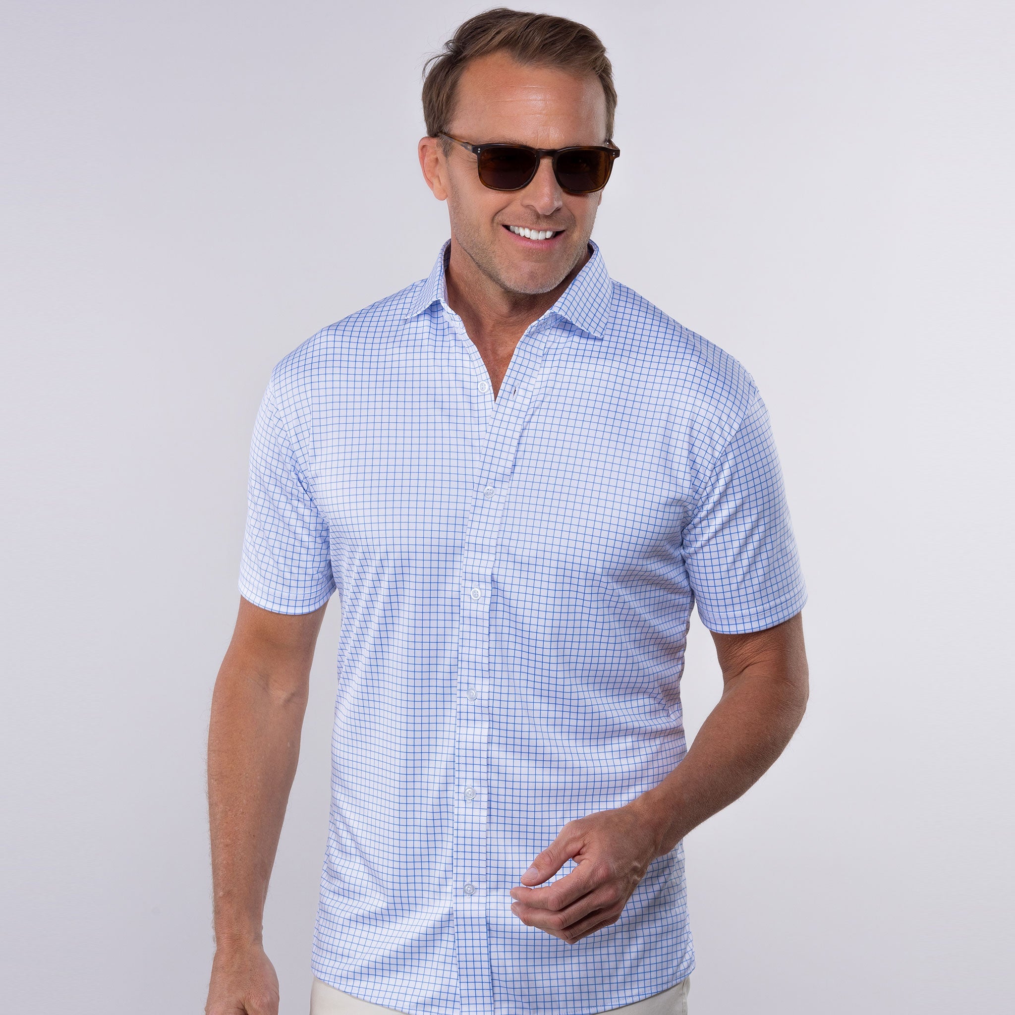 Quattro Flex Short Sleeve Button Down Thin Blue Check – Collars & Co.