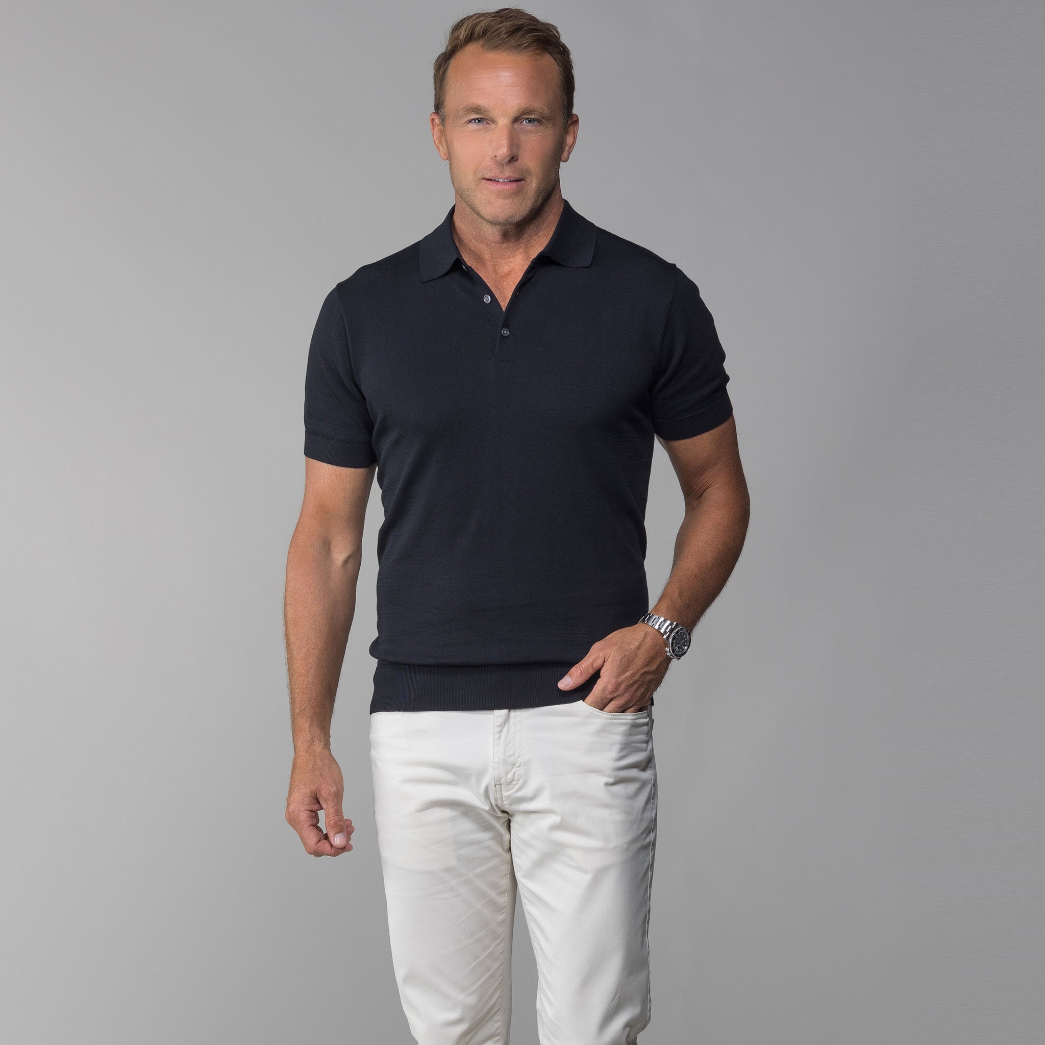 The Maranello Cotton & Silk Three Button Polo Black - Tailored Fit ...