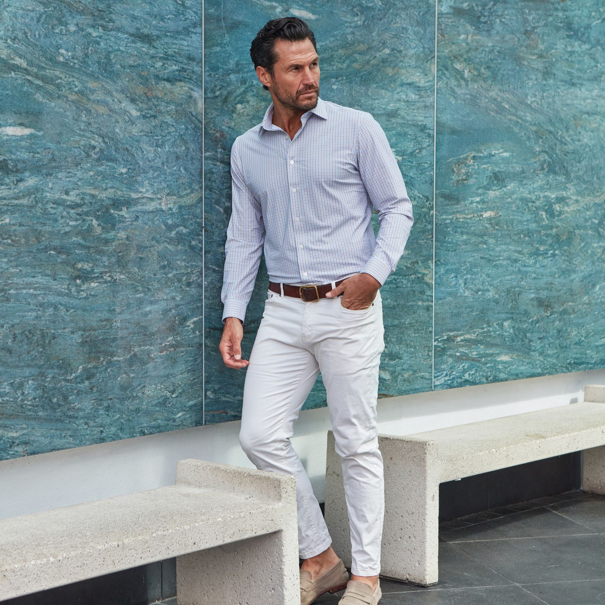 Apex Performance Dress Shirt Semi-Spread Collar Tan and Blue Tattersal ...